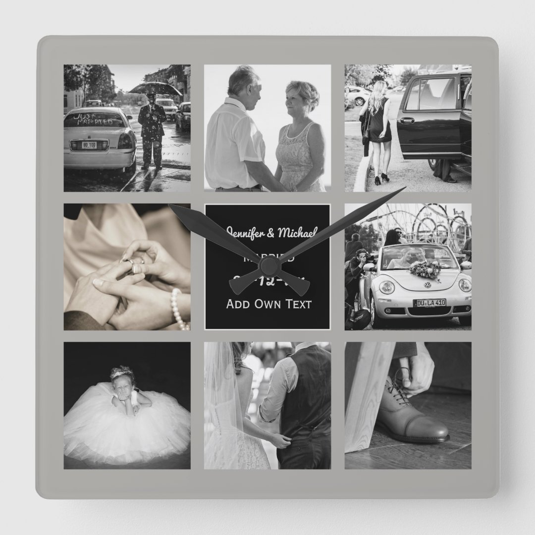 PHOTO COLLAGE Wedding Vow Renewal Anniversary Grey Square Wall Clock ...