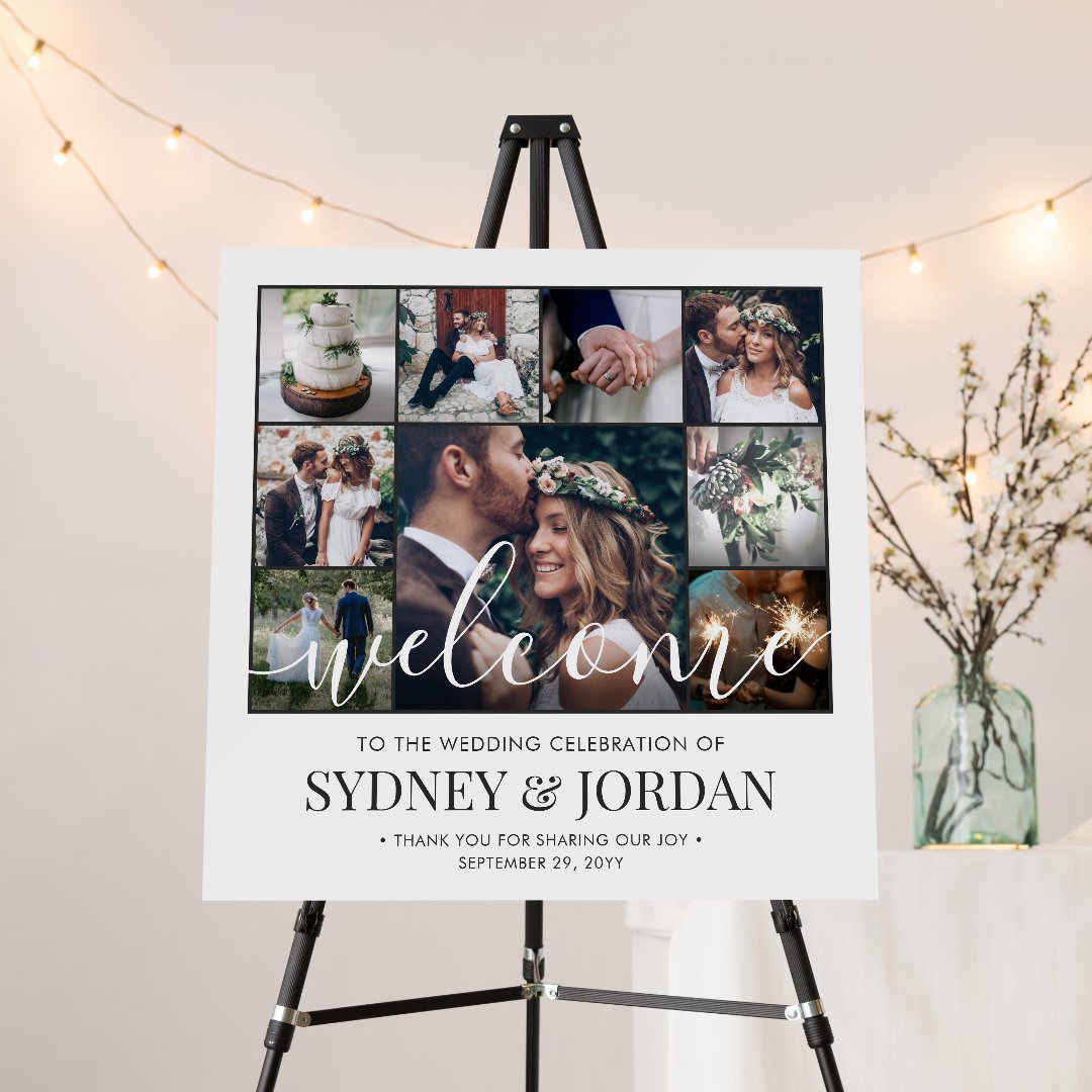 Photo Collage Wedding Welcome Script Modern Square Foam Board | Zazzle