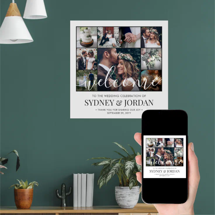 Photo Collage Wedding Welcome Script Modern Square Poster | Zazzle
