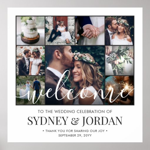 Photo Collage Wedding Welcome Script Modern Square Poster | Zazzle