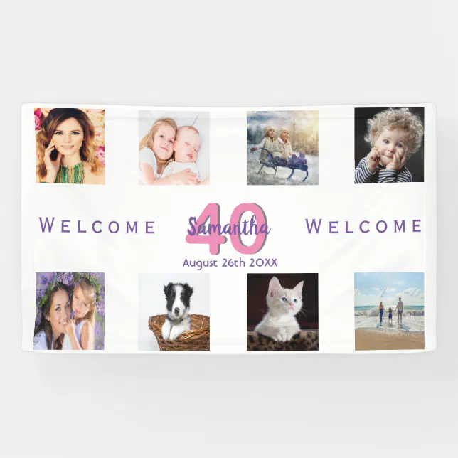 Photo collage white birthday party banner | Zazzle