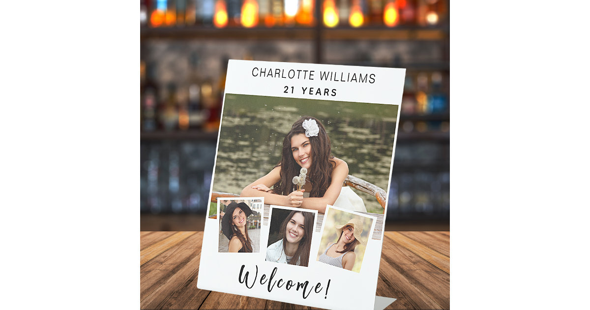 Photo collage white birthday party welcome pedestal sign | Zazzle