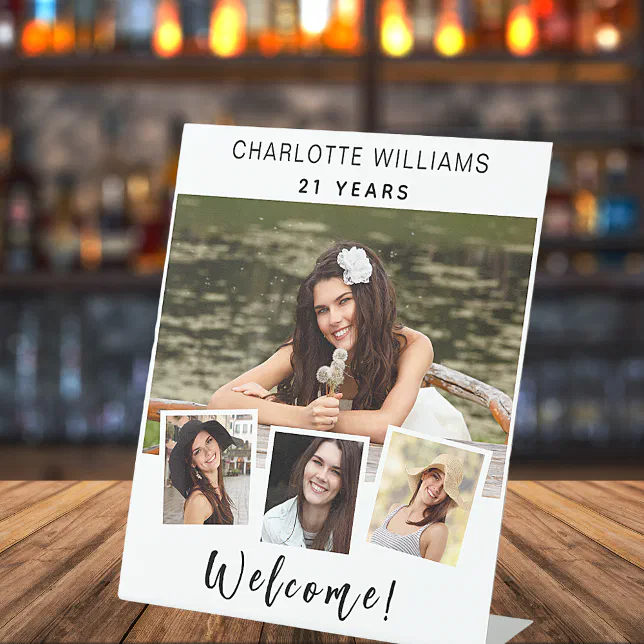 Photo collage white birthday party welcome pedestal sign | Zazzle