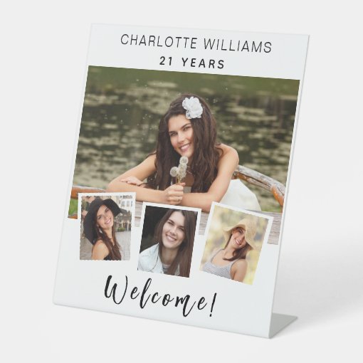 Photo collage white birthday party welcome pedestal sign | Zazzle