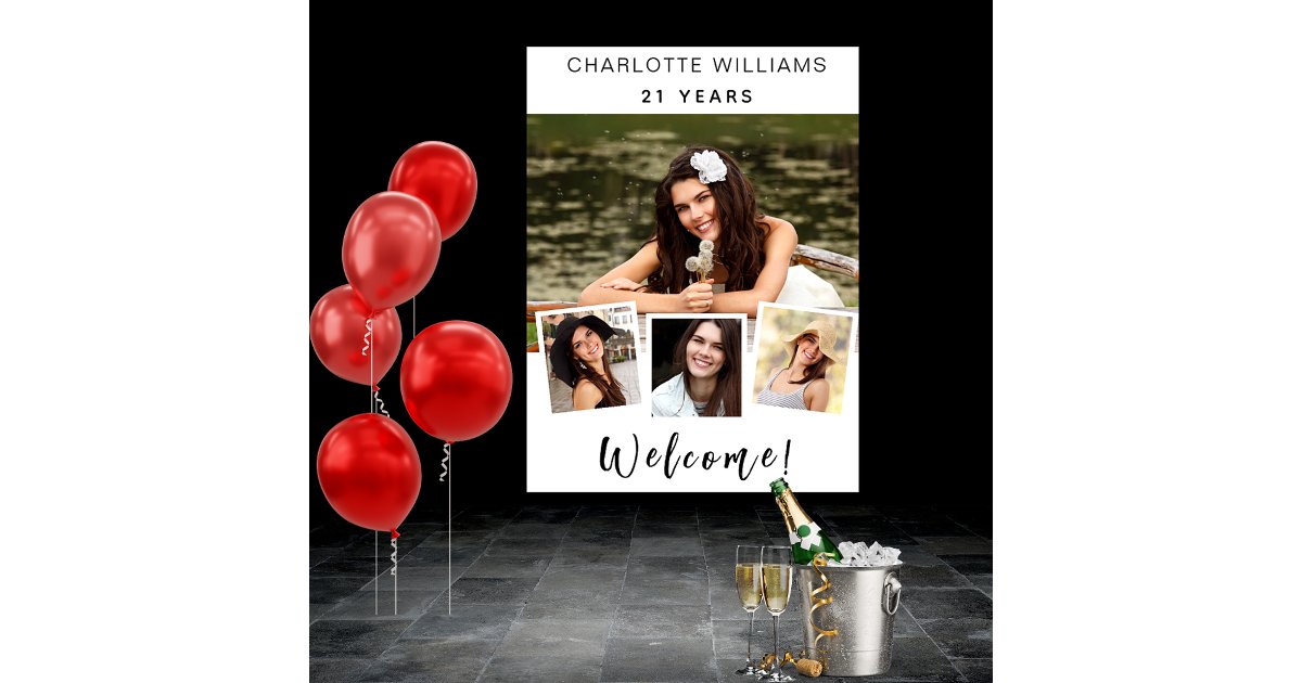 Photo collage white birthday party welcome poster | Zazzle