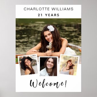 Photo collage white birthday party welcome poster | Zazzle