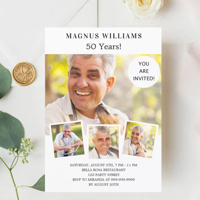 Photo collage white luxury birthday invitation | Zazzle