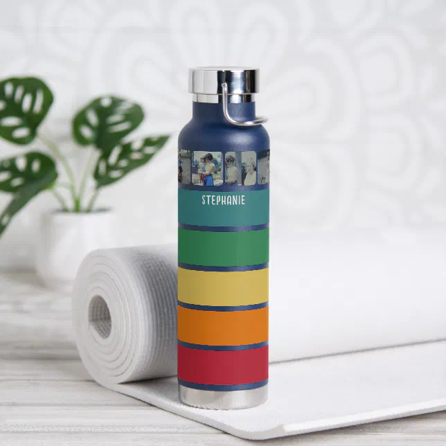 Photo Collage with 8 Photos Colorful Retro Stripes Water Bottle | Zazzle