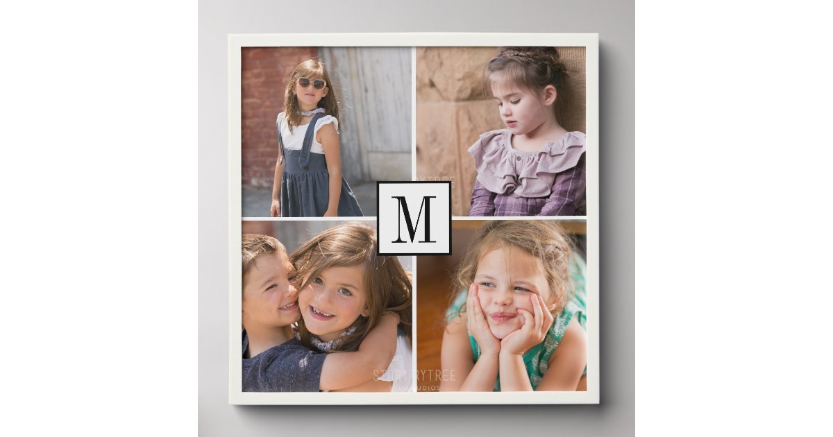 Photo collage with four photos and monogram peel and stick photo tile ...