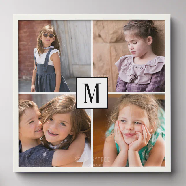 Photo collage with four photos and monogram peel and stick photo tile ...