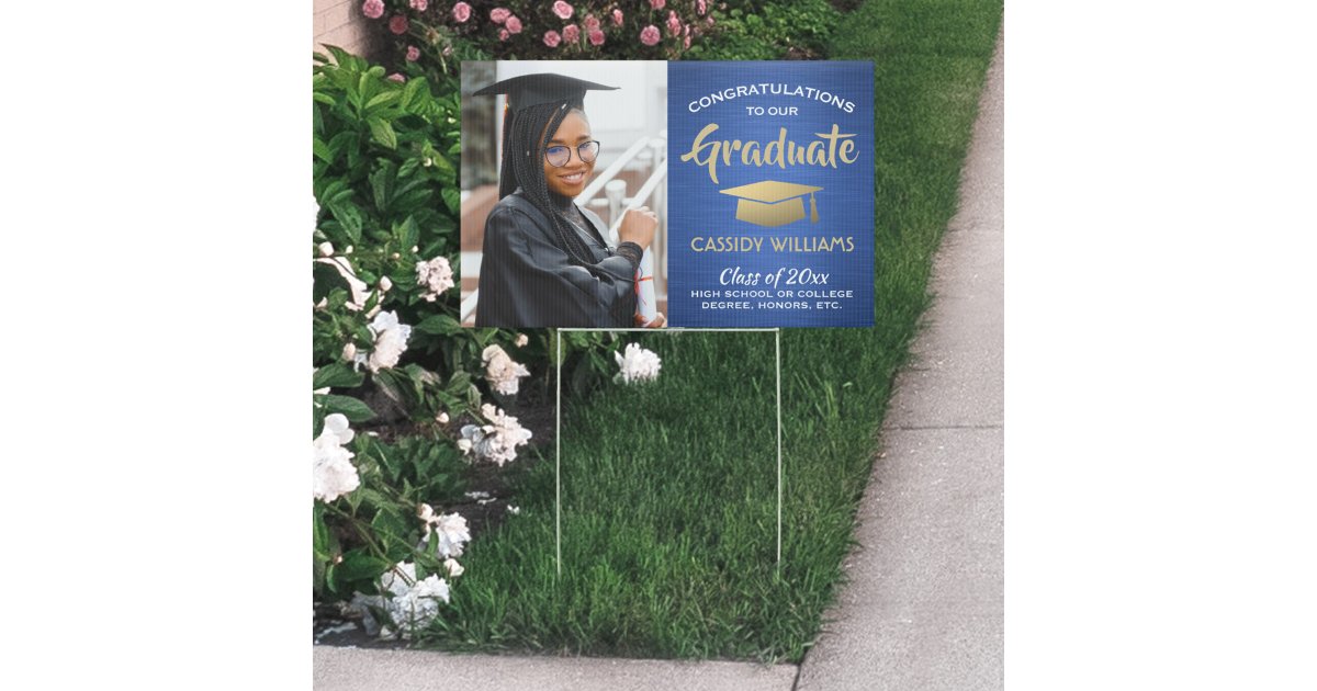 Photo Congrats Blue Gold and White Graduation Yard Sign | Zazzle