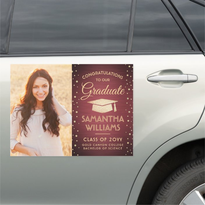 Photo Congrats Burgundy & Gold Glitter Graduation Car Magnet | Zazzle.com
