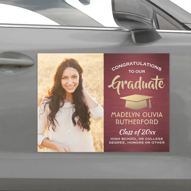 Photo Congrats Burgundy Gold Red White Graduation Car Magnet | Zazzle