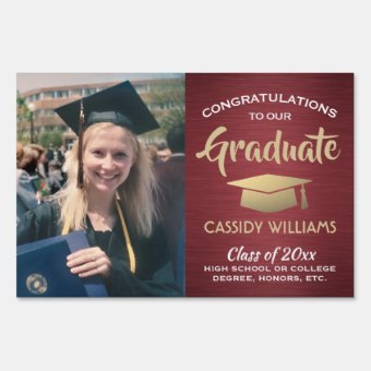 Photo Congrats Burgundy Gold White Graduation Yard Sign | Zazzle