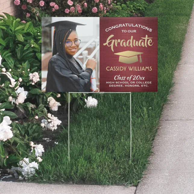 Photo Congrats Burgundy Gold White Graduation Yard Sign | Zazzle