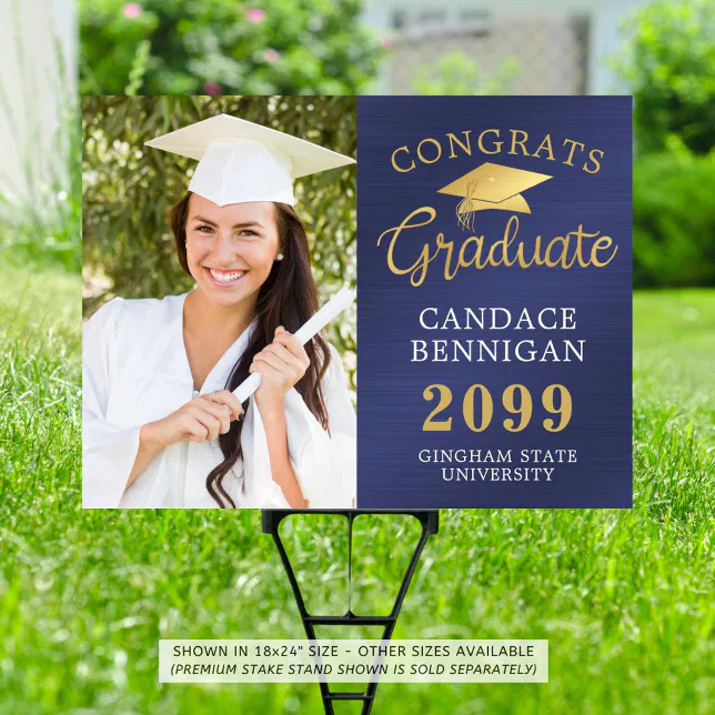 Photo Congrats Grad Navy Blue Gold Faux Metallic Sign | Zazzle