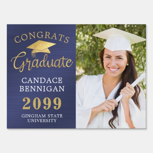 Photo Congrats Grad Navy Blue Gold Faux Metallic Sign | Zazzle