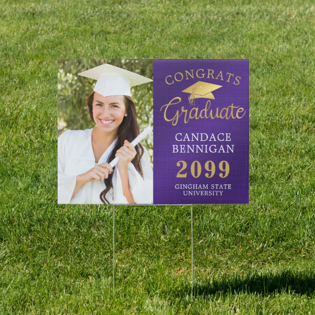 Photo Congrats Grad Purple Gold Faux Metallic Sign | Zazzle