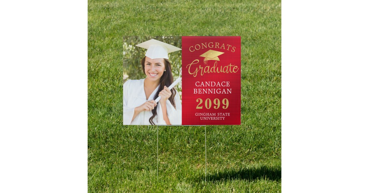 Photo Congrats Grad Red Gold Faux Metallic Sign | Zazzle