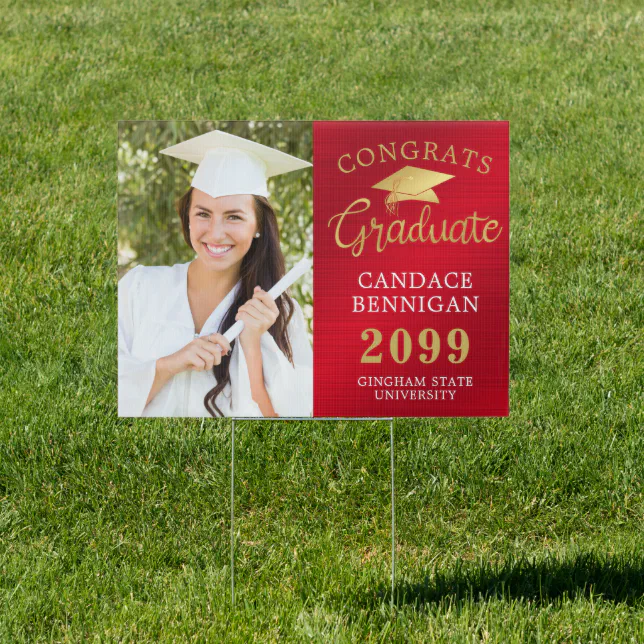 Photo Congrats Grad Red Gold Faux Metallic Sign | Zazzle