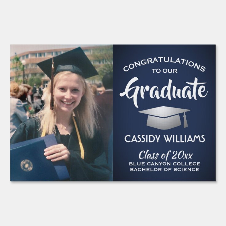 Photo Congrats Navy Blue White & Silver Graduation Sign | Zazzle