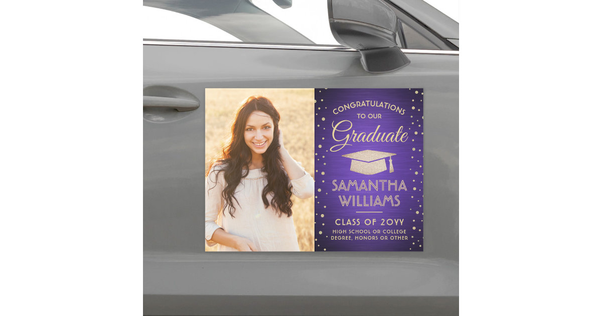 Photo Congrats Purple and Gold Glitter Graduation Car Magnet | Zazzle