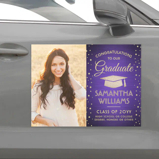 Photo Congrats Purple and Gold Glitter Graduation Car Magnet | Zazzle