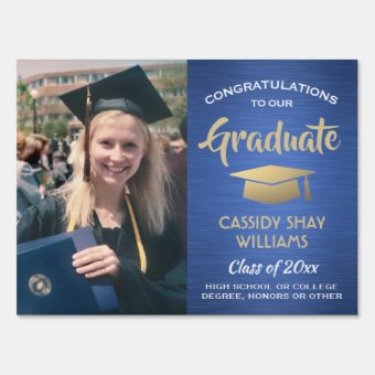 Photo Congratulations Blue Gold White Graduation Sign | Zazzle