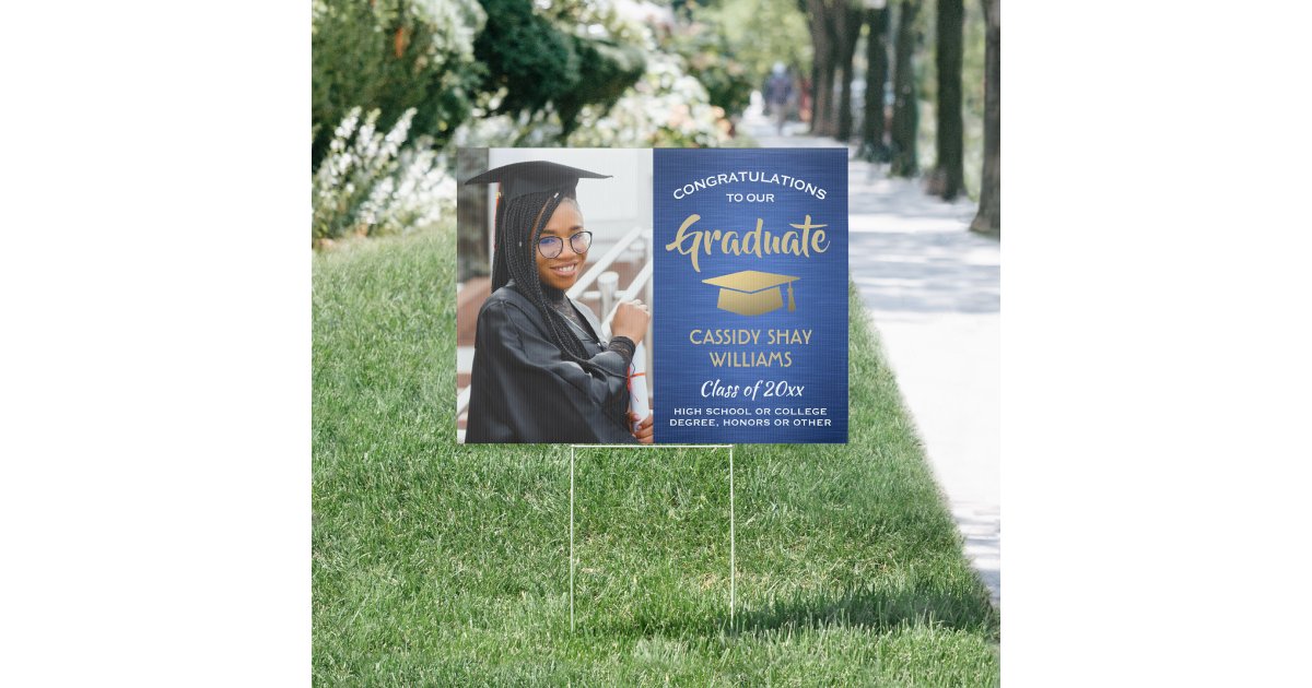 Photo Congratulations Blue Gold White Graduation Sign | Zazzle
