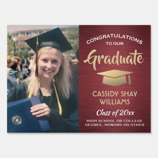 Photo Congratulations Burgundy Red Gold Graduation Sign | Zazzle