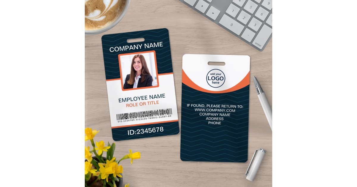 Photo Corporate Employee Barcode Blue Orange Badge | Zazzle