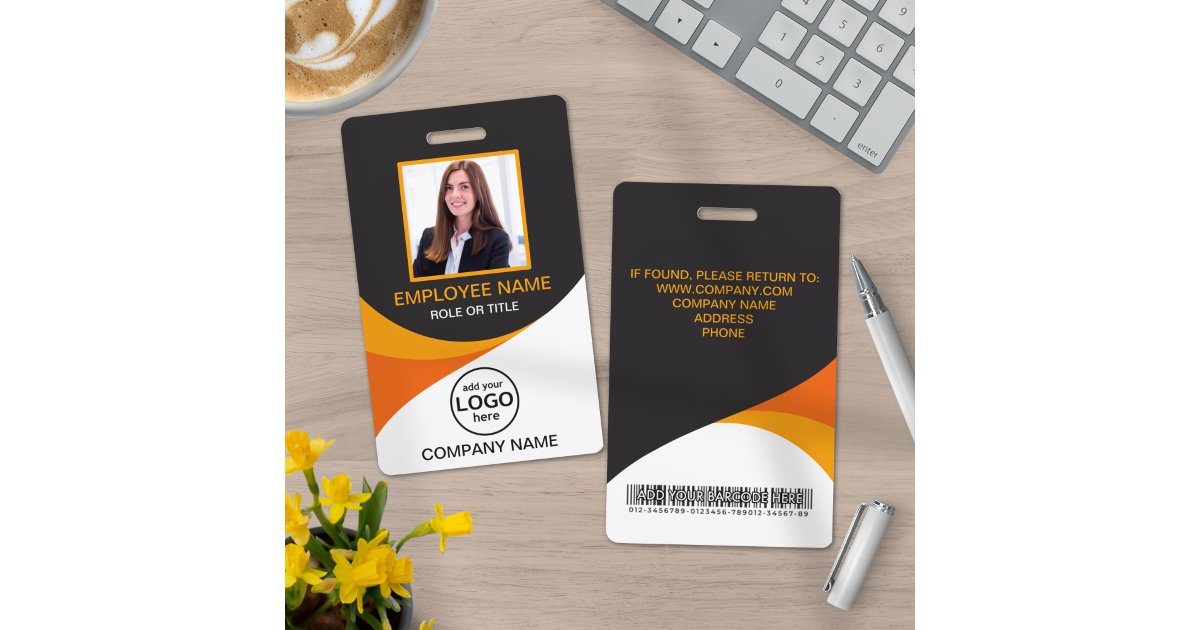Photo Corporate Employee Barcode Orange Yellow Badge | Zazzle