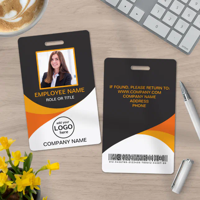 Photo Corporate Employee Barcode Orange Yellow Badge | Zazzle