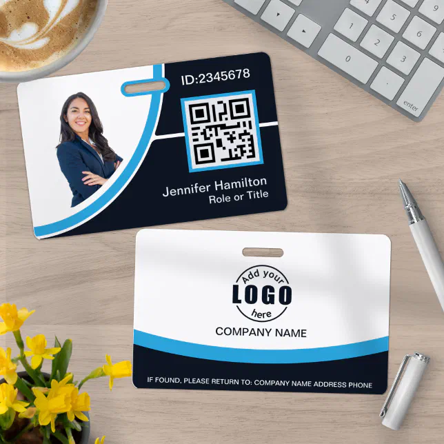 Photo Corporate Employee Name QR Code Blue Badge | Zazzle