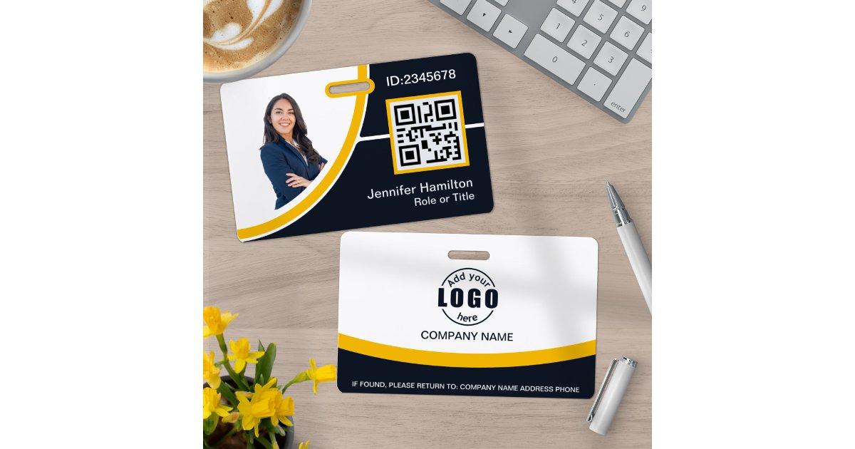 Photo Corporate Employee Name QR Code Yellow Badge | Zazzle