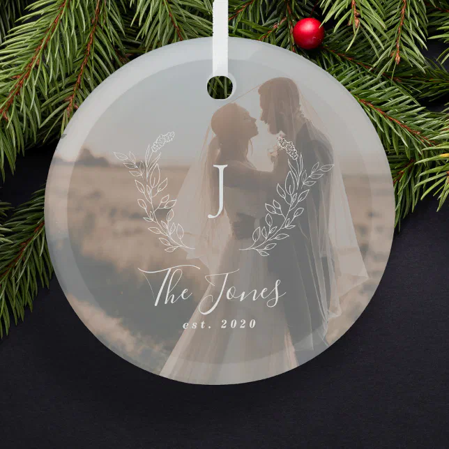 Photo couple newlyweds name monogram elegant glass ornament | Zazzle