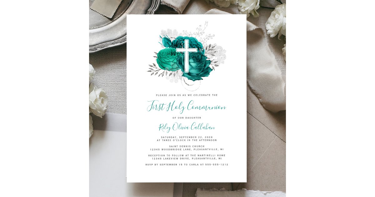 Photo Cross Teal Silver Floral First Communion Invitation | Zazzle