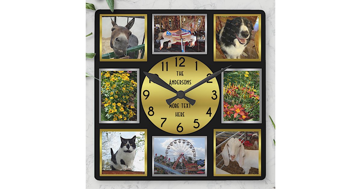 Photo Custom 8 Picture Personalized Black Gold Square Wall Clock | Zazzle