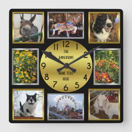 Photo Custom 8 Picture Personalized Black Gold Square Wall Clock | Zazzle
