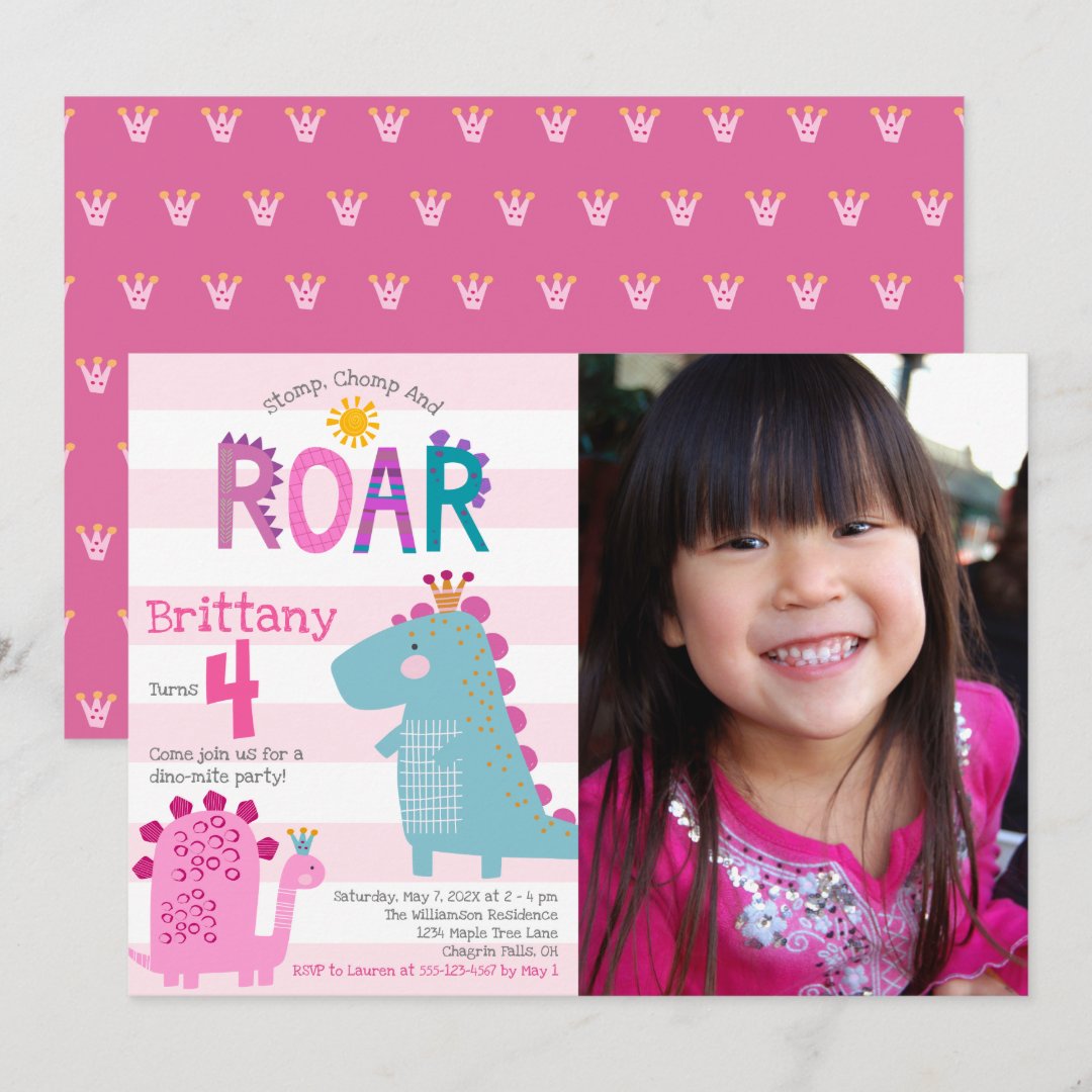 Photo Cute Dinosaur Stomp Chomp Roar Girl Birthday Invitation | Zazzle