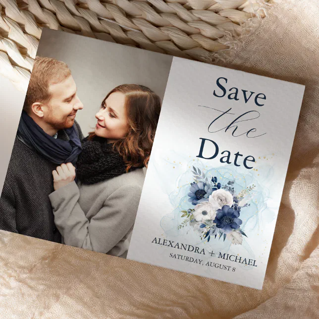 Photo Dusty Blue and Navy Floral Elegant Wedding Save The Date | Zazzle