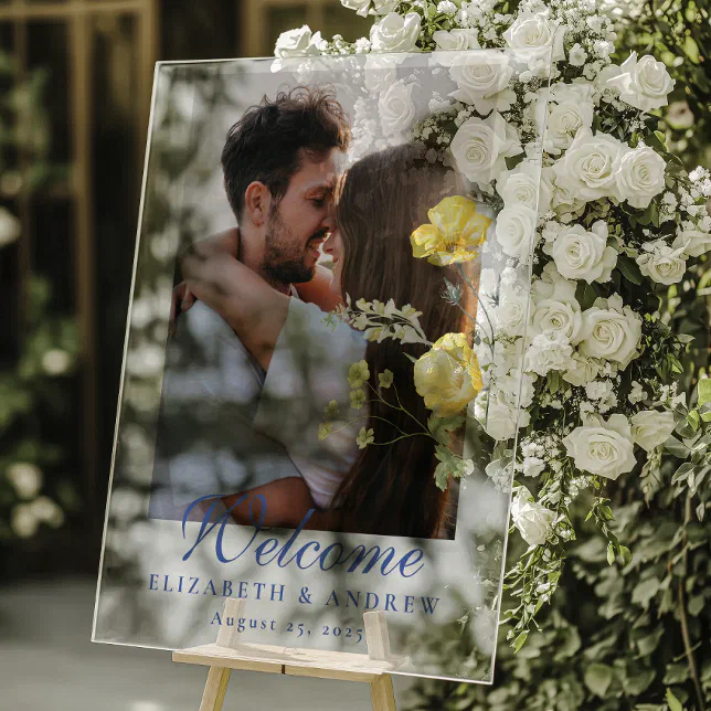 Photo Dusty Blue Crest Floral Wedding Acrylic Sign | Zazzle