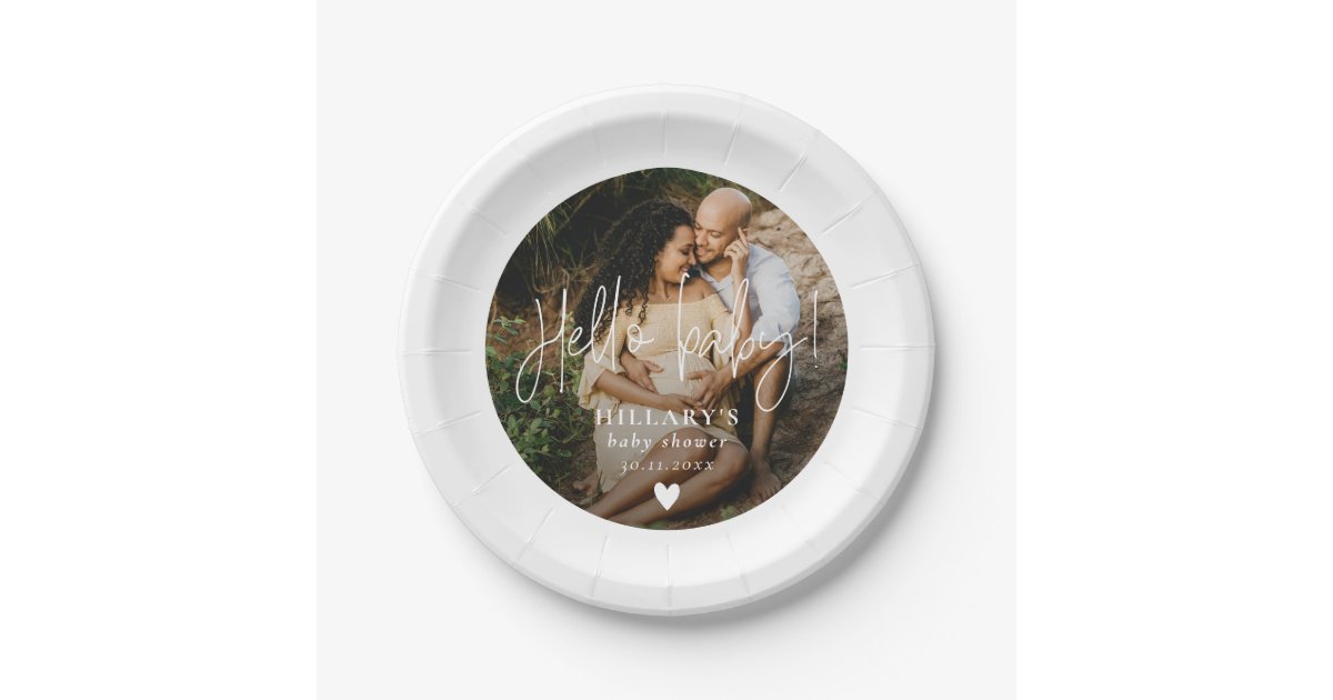 Photo Elegant Calligraphy Baby Shower Hello baby Paper Plates | Zazzle