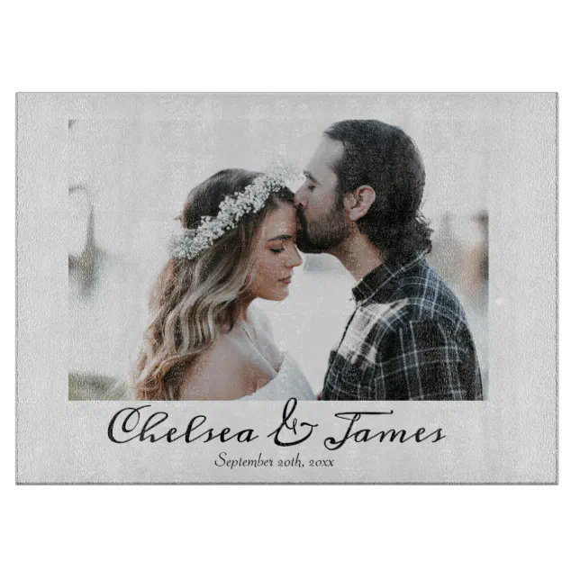 Photo Elegant Calligraphy Date Name Cutting Board | Zazzle