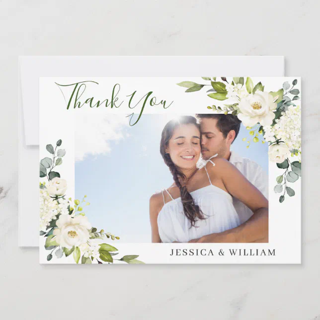 PHOTO Elegant Eucalyptus White Roses Floral Thank You Card | Zazzle