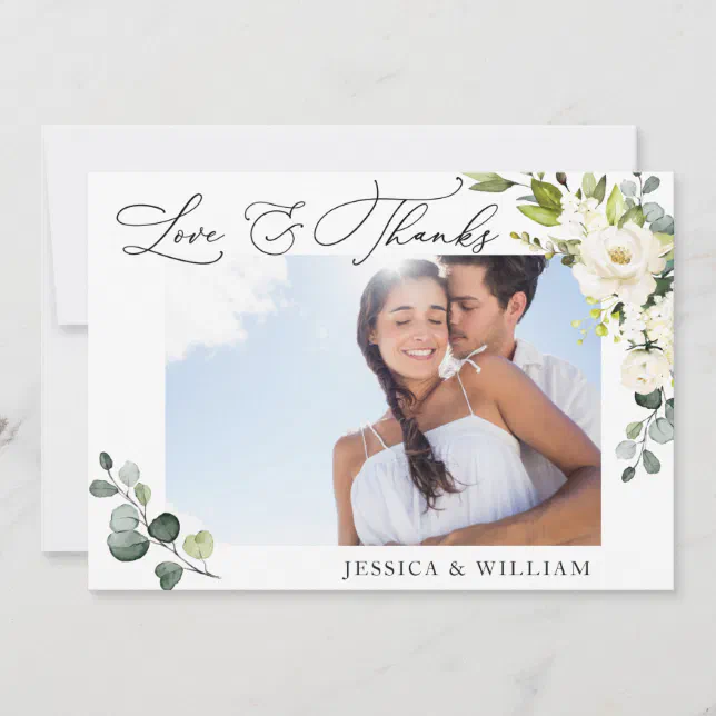 PHOTO Elegant Eucalyptus White Roses Floral Thank You Card | Zazzle