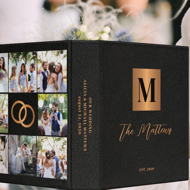 Photo elegant monogram black gold wedding album 3 ring binder | Zazzle