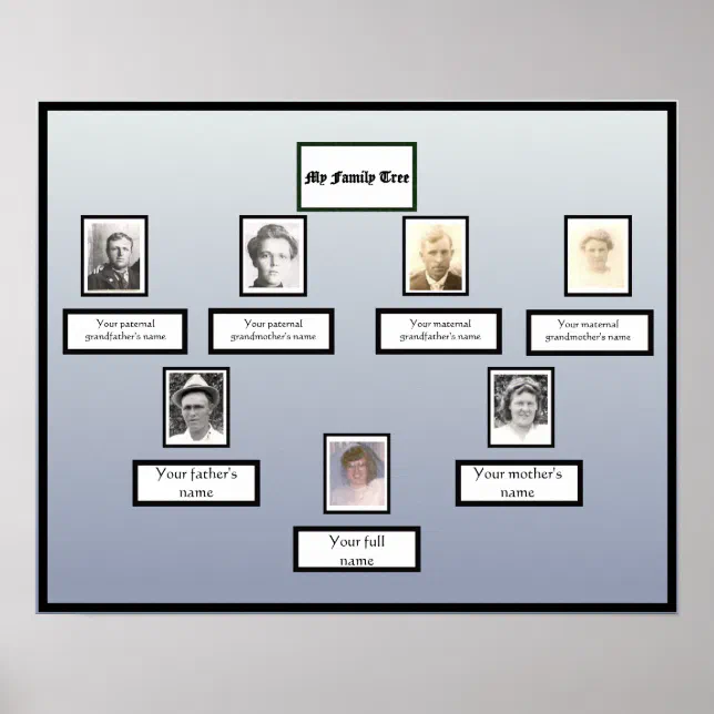 Photo Family Tree Black Border on Blue Gradient Poster | Zazzle