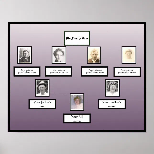 Photo Family Tree Black Border on Purple Gradient Poster | Zazzle