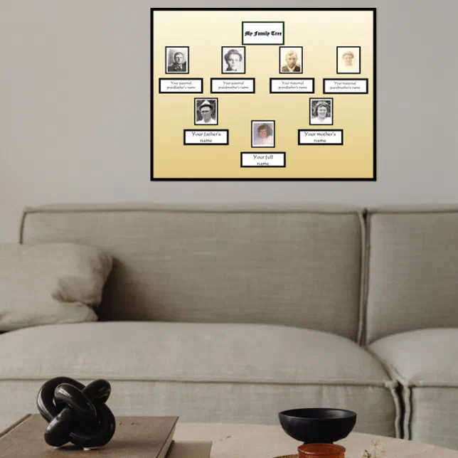 Photo Family Tree Black Border on Yellow Gradient Poster | Zazzle